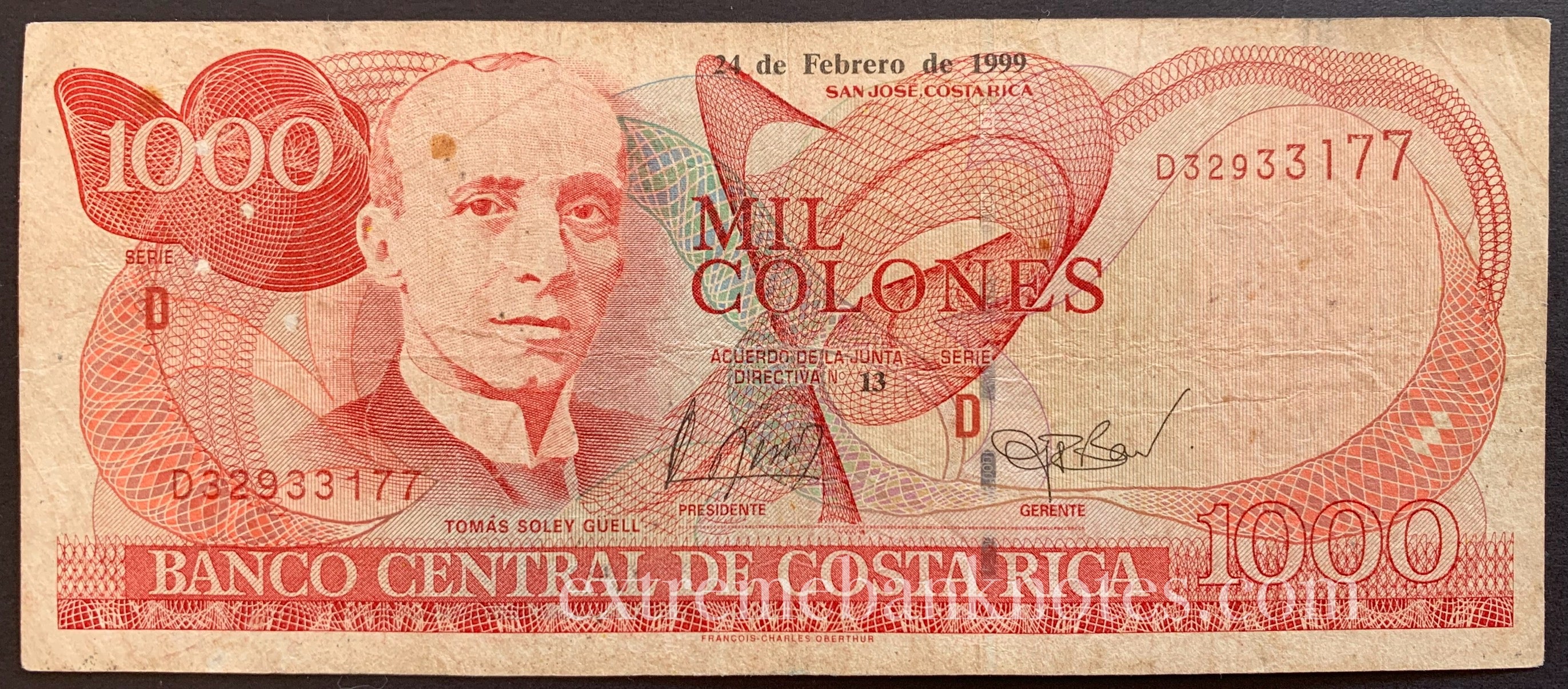 Costa Rica 1000 Colones 1999 P-264c VF – Extreme Banknotes